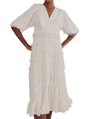 Farm Rio Ruffles Trim Dress - Off White