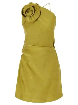 Magda Butrym Appliquéd Gathered Silk-twill Halterneck Mini Dress - Chartreuse