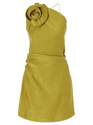 Magda Butrym Appliquéd Gathered Silk-twill Halterneck Mini Dress - Yellow