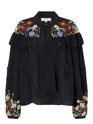 Sea Ruwa Ruffled Embroidered Lace-trimmed Crepe Blouse - Black