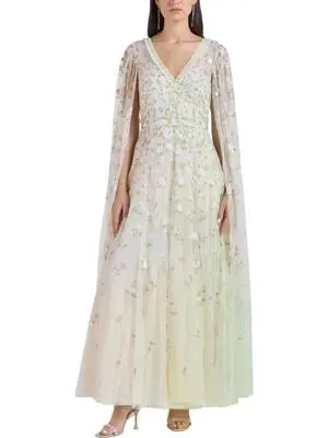NEEDLE & THREAD Lea Ditsy Floral-embroidered Cape-sleeve Maxi Dress - Neutrals