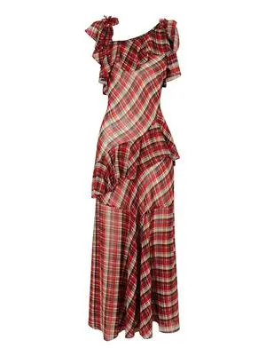 DÔEN Fernanda Ruffle Tiered Checked Silk-satin Maxi Dress - Multi
