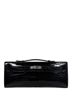 Hermès Kelly Cut Shiny Porosus Palladium Hardware - Black