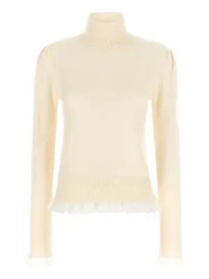 GANNI Turtleneck Sweater With Lace Trim - White