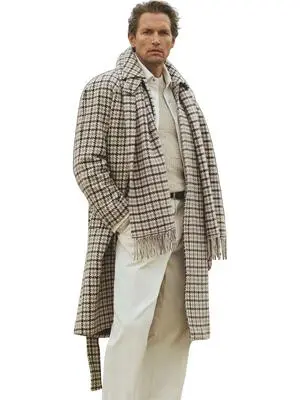 REISS Christem Wool Houndstooth-check Belted Overcoat - Brown Multi