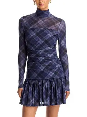 Aqua Plaid Mesh Gathered Mini Dress Exclusive - Navy Multi