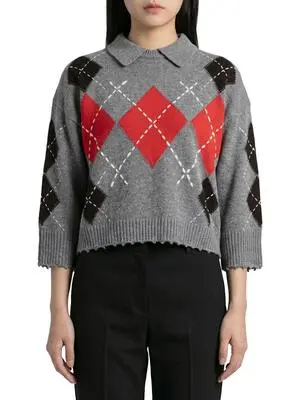 PINKO Argyle Wool And Cashmere Long-sleeved Polo Jumper
