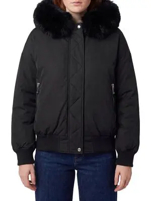 Michael Kors Satin Bomber Jacket With Hood And Fur Collar - Black