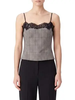 Pinko Prince Of Wales Wool-blend Top With Lace Inserts And Thin Straps Beige