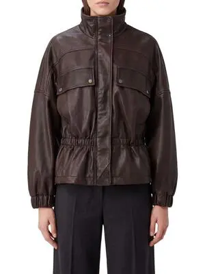 PINKO Cropped Faux Leather Bomber Jacket With Funnel Neck And Elasticated Waist