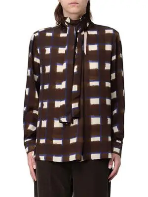 Incotex Relaxed Fit Check Viscose Blouse With Scarf Collar Brown