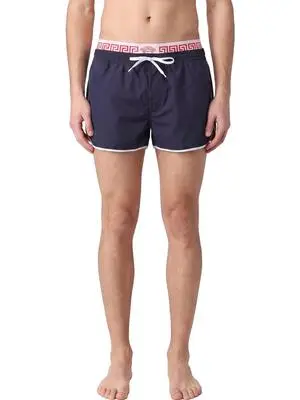 Versace Boxer Swim Shorts With Elasticated Logo Waistband And Drawstring - Blue