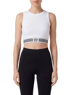 Versace Cropped Slim Fit Cotton-blend Top With Greca And Medusa Logo - White
