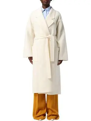 Elisabetta Franchi Long Robe Coat In Pure Wool With A Waist Belt - White
