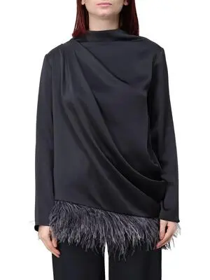 Fabiana Filippi High-neck Viscose Blouse With Feathers And Asymmetrical Hem - Grey