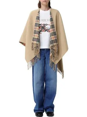 Burberry Asymmetrical Cape In Wool With Vintage Check Pattern And Fringed Edges Beige