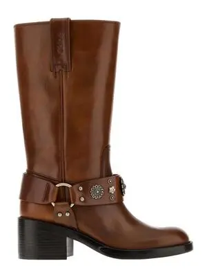 Chloé Dakota Studded And Embroidered Calf Leather Biker Boots - Amber