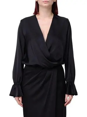 HANITA Cropped Satin V-neck Blouse With Flared Long Sleeves - Black