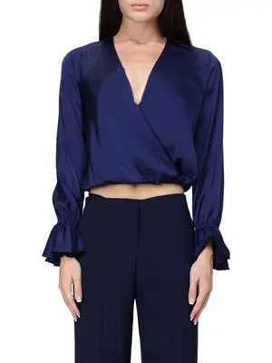 HANITA Cropped Satin V-neck Blouse With Flared Long Sleeves - Blue