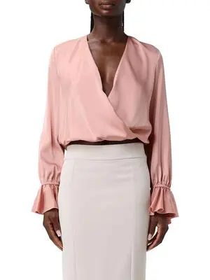 HANITA Cropped Satin V-neck Blouse With Flared Long Sleeves - Pink