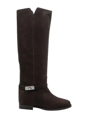 VIA ROMA 15 Knee-high Wedge Boots In Calfskin Leather With Straps Brown
