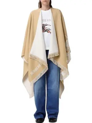 Burberry Asymmetric Wool And Silk Cape With Ekd Logo And Fringed Hem Sand