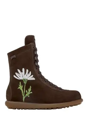 Camper Twins Floral Print Suede Combat Boots With Zip Closure - Brown