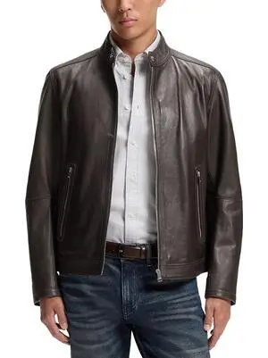 BOSS H-mansell Stand Collar Zip Leather Jacket - Open Brown