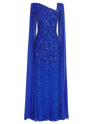 Jenny Packham Sequin Cape Twilight Gown - Blue
