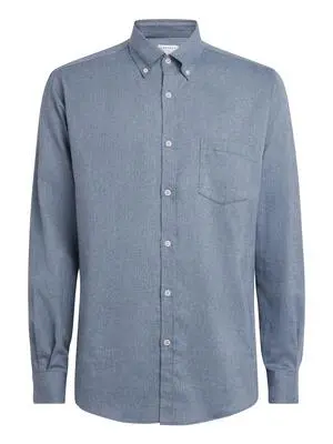 Sunspel Brushed Cotton Flannel Shirt - Blue