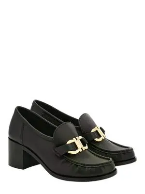 FERRAGAMO Block Heels Loafers With Gancini Ornament - Black