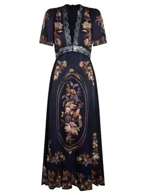 Farm Rio Floral-print Lace-trim Maxi Dress Blue