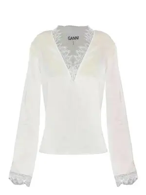 GANNI Lace-trim Satin Blouse - Neutrals