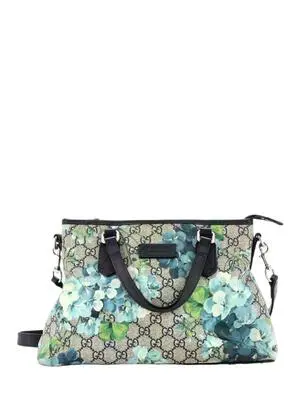 Gucci Convertible Zip Blooms Print Gg Coated Canvas Medium Tote Bag - Blue
