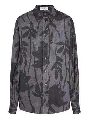 Brunello Cucinelli Floral-print Linen Shirt Grey