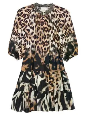 Camilla Leopard-print Tiered Mini Dress Brown