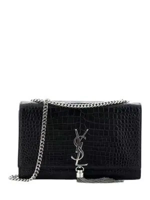 Saint Laurent Classic Monogram Tassel Crocodile Embossed Leather Medium Crossbody Bag - Black