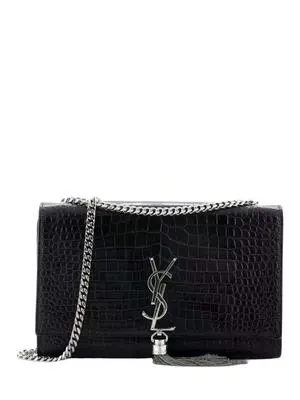 Saint Laurent Classic Monogram Tassel Crocodile Embossed Leather Medium Crossbody Bag - Black
