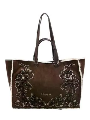 ERMANNO FIRENZE Large Shearling-trim Embroidered Tote Bag - Brown