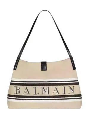 Balmain Logo-embroidered Striped Tote Bag Neutrals
