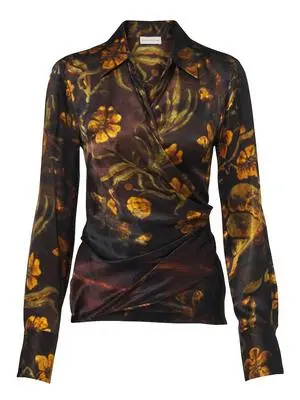 Dries Van Noten Draped Floral Silk Satin Wrap Top - Brown