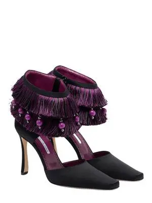 Manolo Blahnik Sorolla Embellished Fringed Satin Pumps - Black
