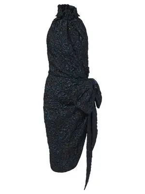 Balmain Draped Jacquard Halterneck Midi Dress - Blue