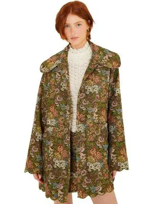 Farm Rio Flower Jacquard Lapel Trench Coat - Green