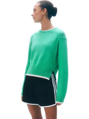 WHITE & WARREN Varsity Cotton Crewneck Top In Size In Cotton/polyester - Green