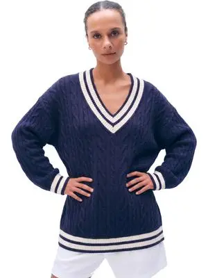 WHITE & WARREN Varsity Cotton V Neck Sweater In Size In Cotton/polyester - Navy