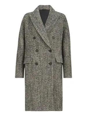 Brunello Cucinelli Chevron Dazzling Wool And Alpaca Coat With Monile Grey