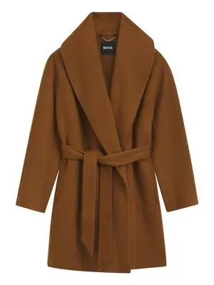BOSS Shawl-lapel Wrap Coat In A Melange Wool Blend Brown