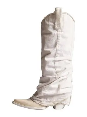 R13 Mid Cowboy Boots With Denim Sleeve - White Denim