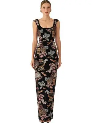 SAU LEE Brooke Embroidered Gown Black Multi